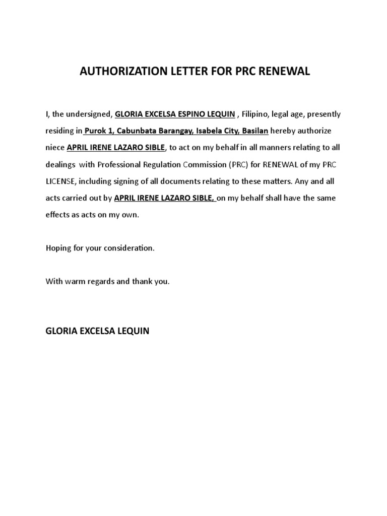 Authorization Letter For PRC Renewal | PDF Authorization Letter For PRC Renewal | PDF