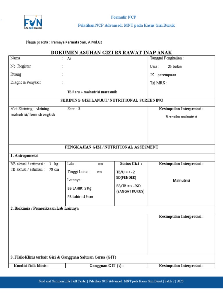 Iramaya Permata Sari, A.Md - GZ - NCP Advanced - MNT Gizi Buruk Batch 2 | PDF