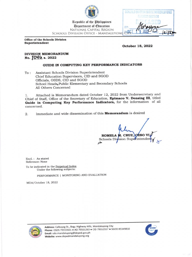 DM No. 1046, S. 2022. Guide in Computing Key Performance Indicators | Download Free PDF ...