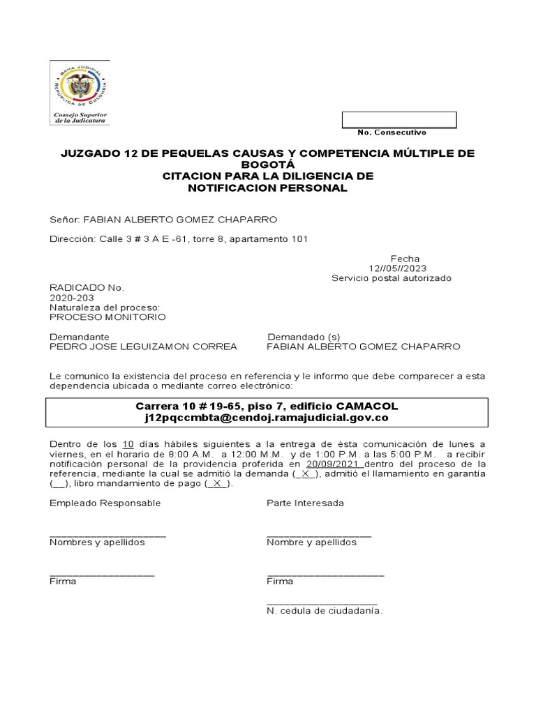 70 Formato de Citacion para Notificacion Personal Auto Admisorio de ... 70 Formato de Citacion para Notificacion Personal Auto Admisorio de ...