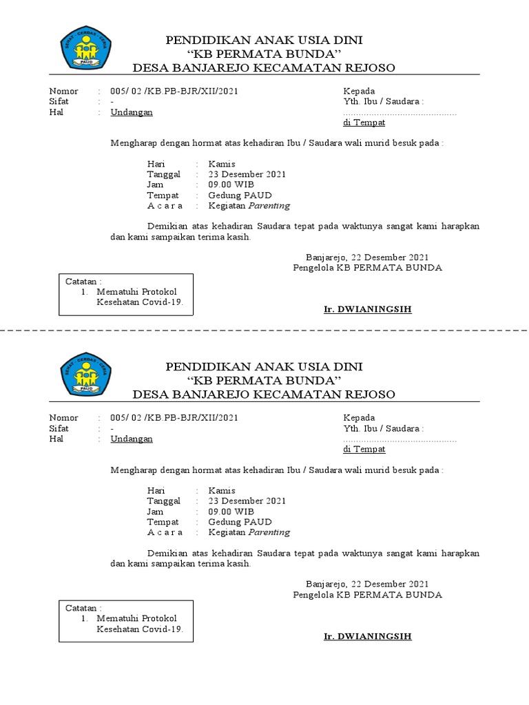 Undangan Kegiatan Parenting PAUD Banjarejo | PDF