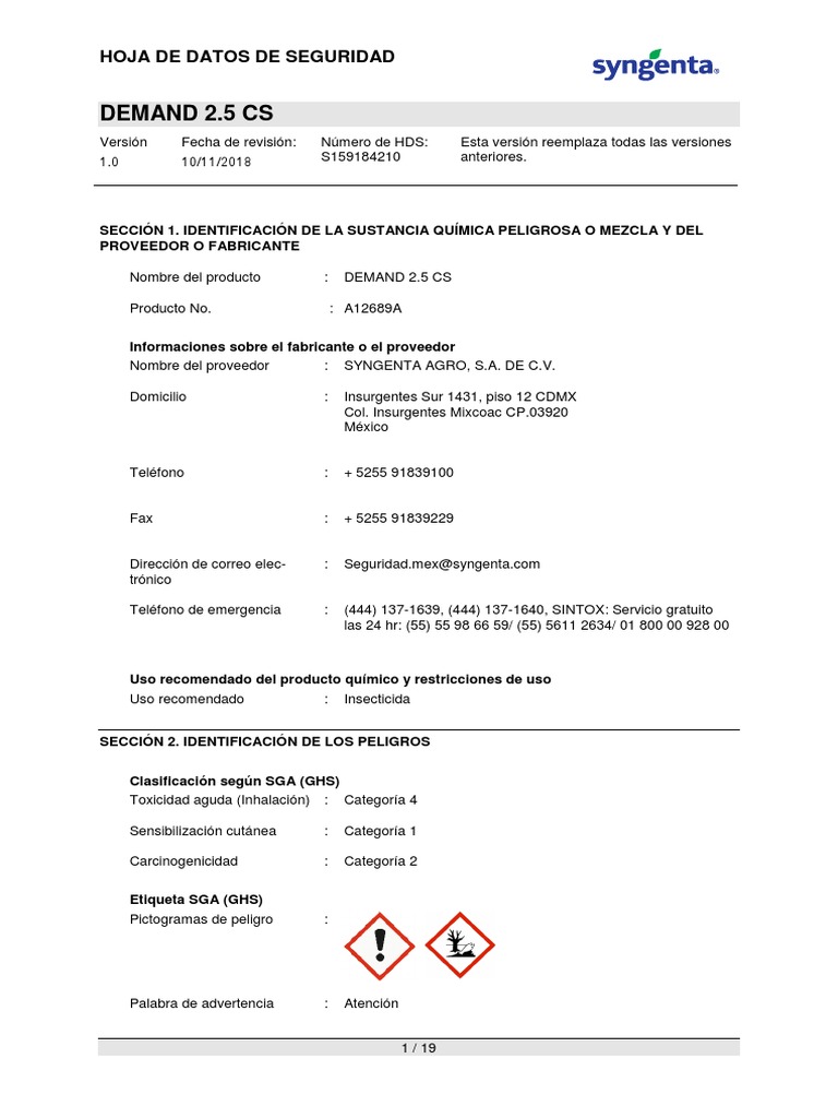 Hoja de Seguridad - Demand - 2.5 - CS | PDF | Reciclaje | Agua