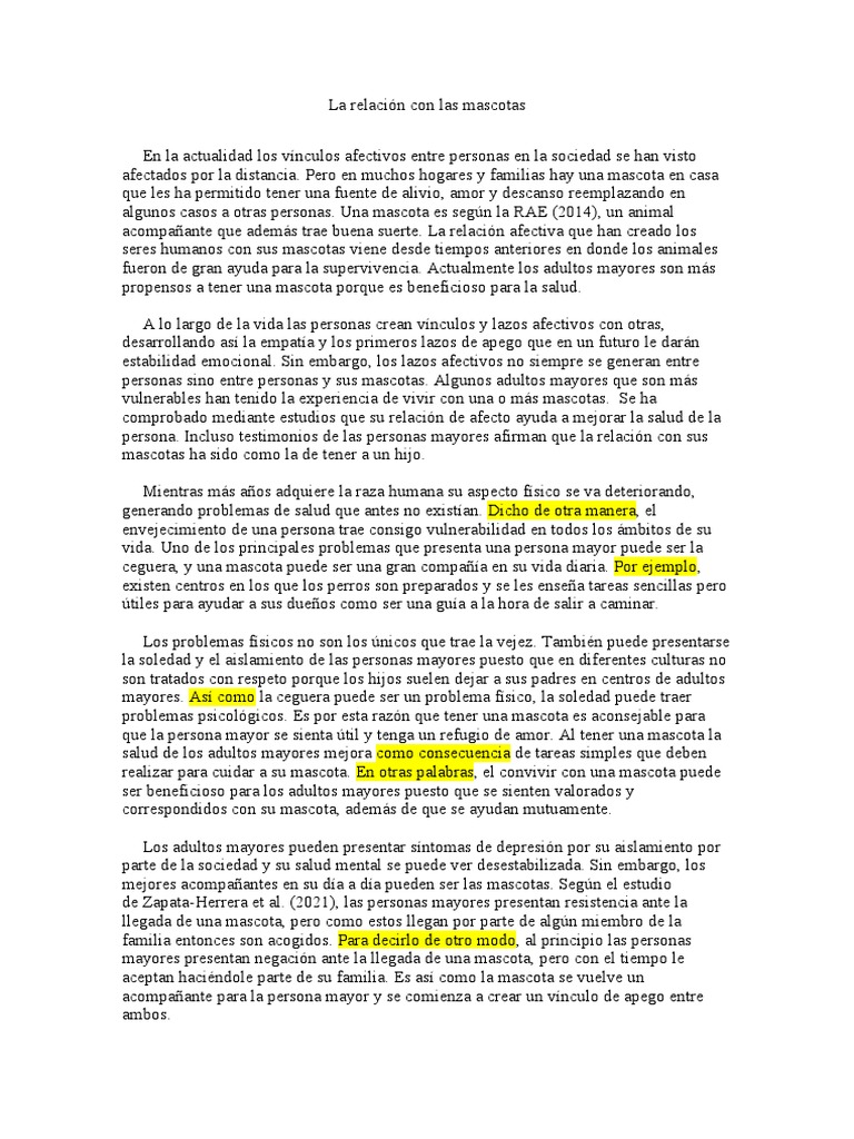 Lectura y Redacción. La Relación Con Las Mascotas | PDF | Mascota | Vejez