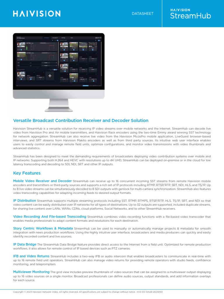 Haivision Streamhub Datasheet | PDF | Streaming Media | Video
