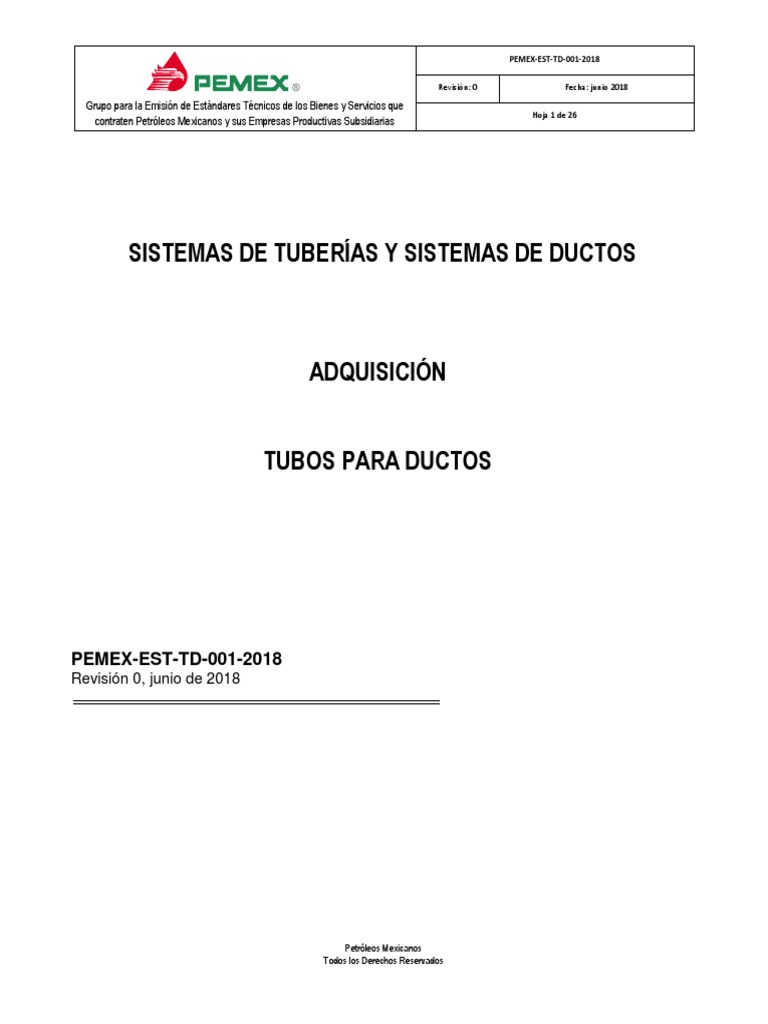 Pemex Est TD 001 2018 - Tubos para Ductos | PDF | México | Ingeniería mecánica