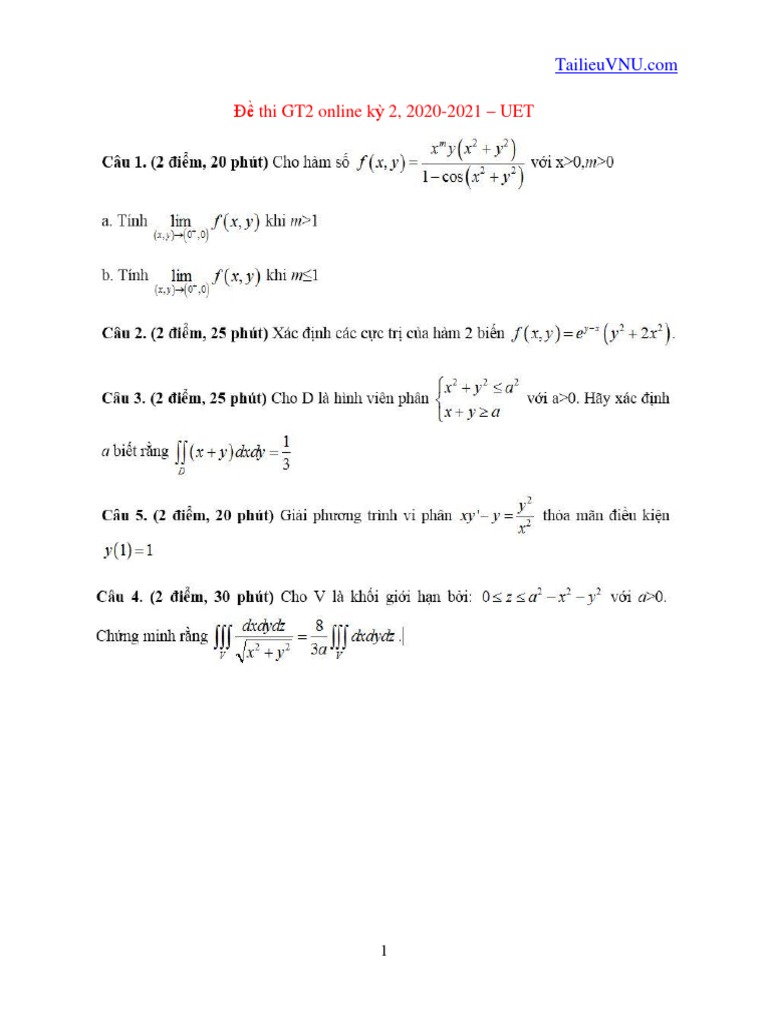 Đề thi Giải tích 2 kỳ 2 năm học 2020-2021 - UET | PDF