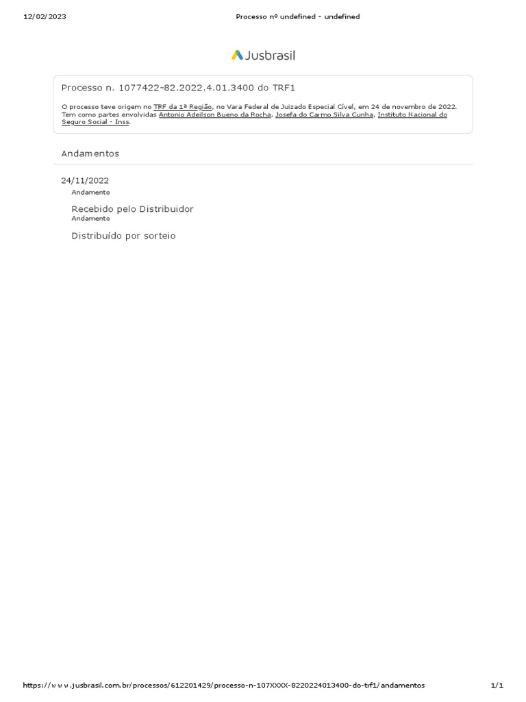 Processo N 107XXXX 8220224013400 Do Trf1 Andamentos | PDF