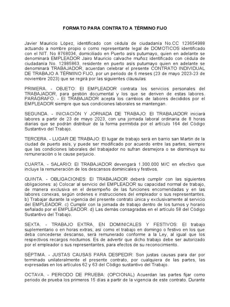 Contrato A Termino Fijo | PDF | Salario | Tiempo de trabajo