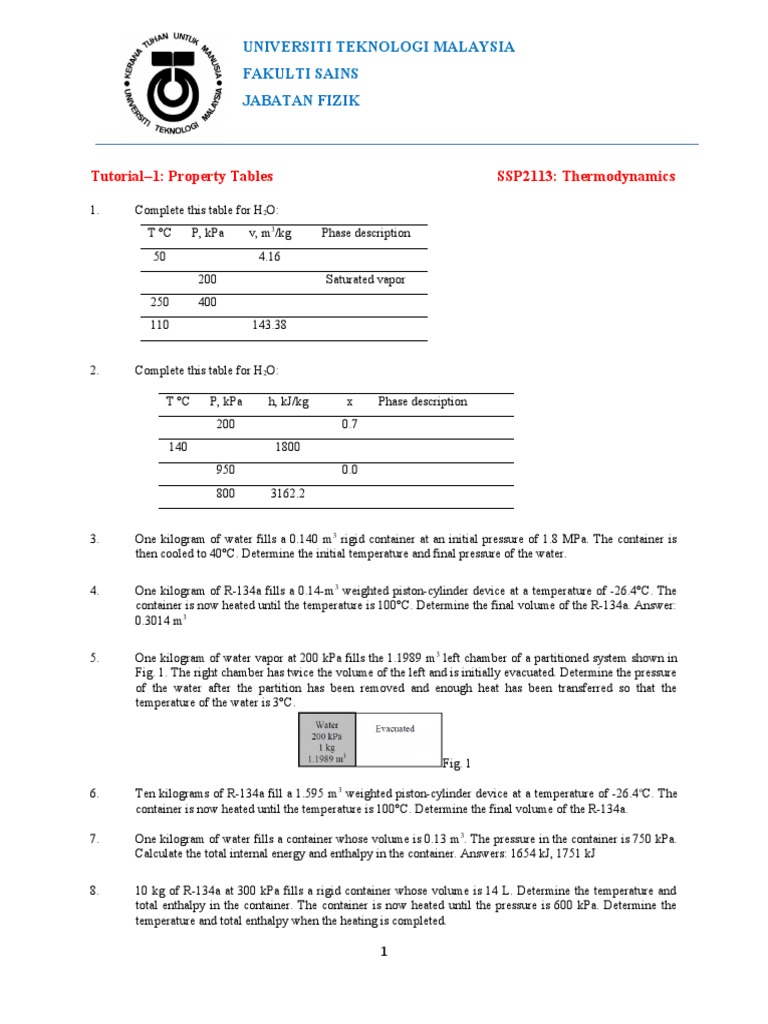 Tutorial - 1 Property Tables | PDF | Enthalpy | Temperature