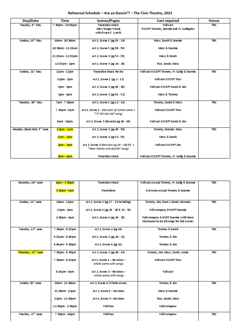 Updated Rehearsal Schedule - Are Ya Dancin' 2023 | PDF