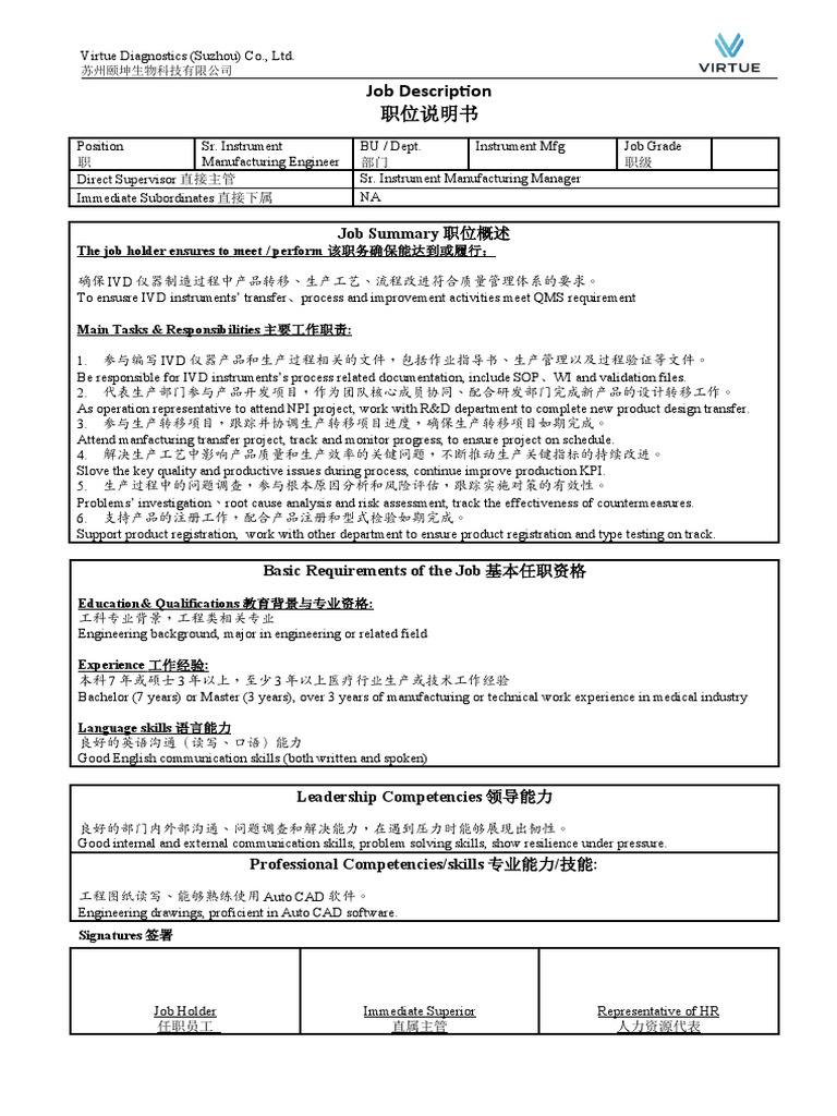 Job Description Template - Virtue Suzhou - Instrument Sr. MFG Engineer ...