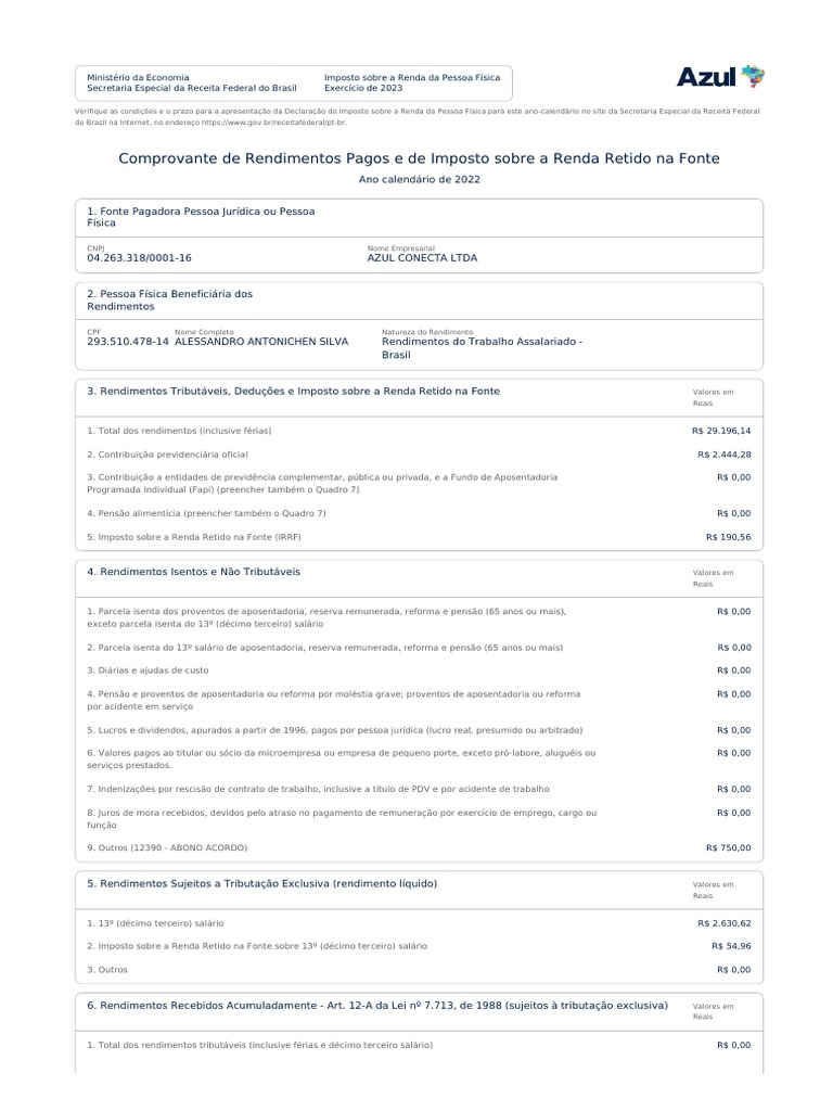 Comprovante de Rendimentos Pagos e de Imposto Sobre A Renda Retido Na ...