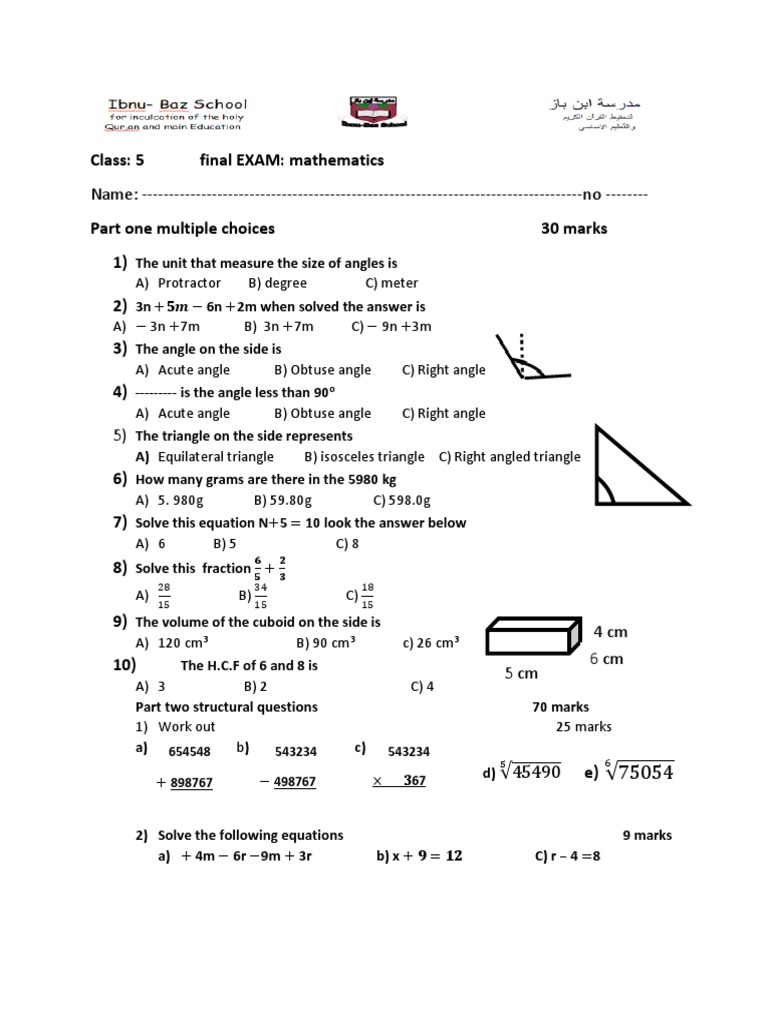 5th Grade Math Final Exam Questions | PDF | Triangle | Triangle Geometry