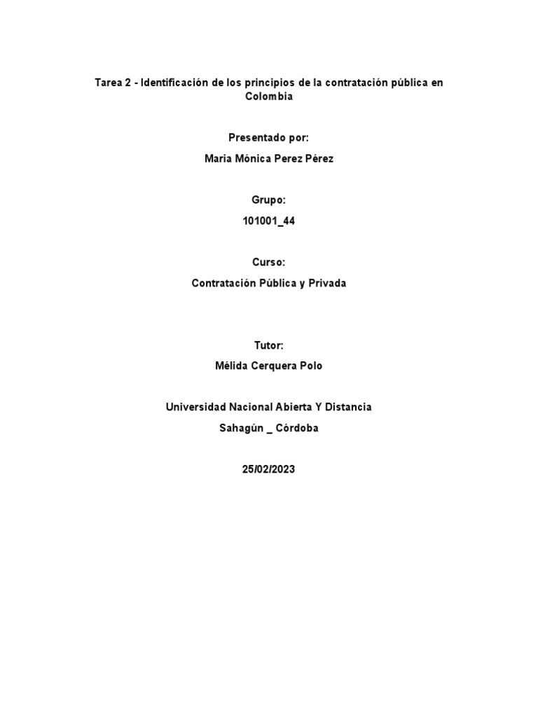 Tarea 2. Identificacion de Los Principios de La Contratacion Publica en Colombia | Descargar ...