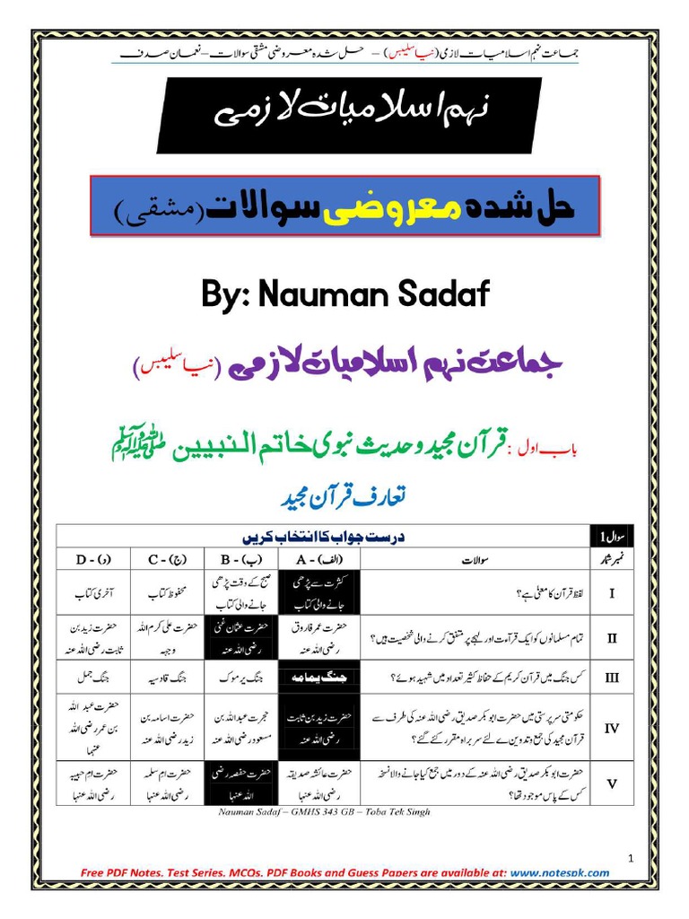 9th Islamiyat Solved Ex. MCQs - Nauman Sadaf | PDF