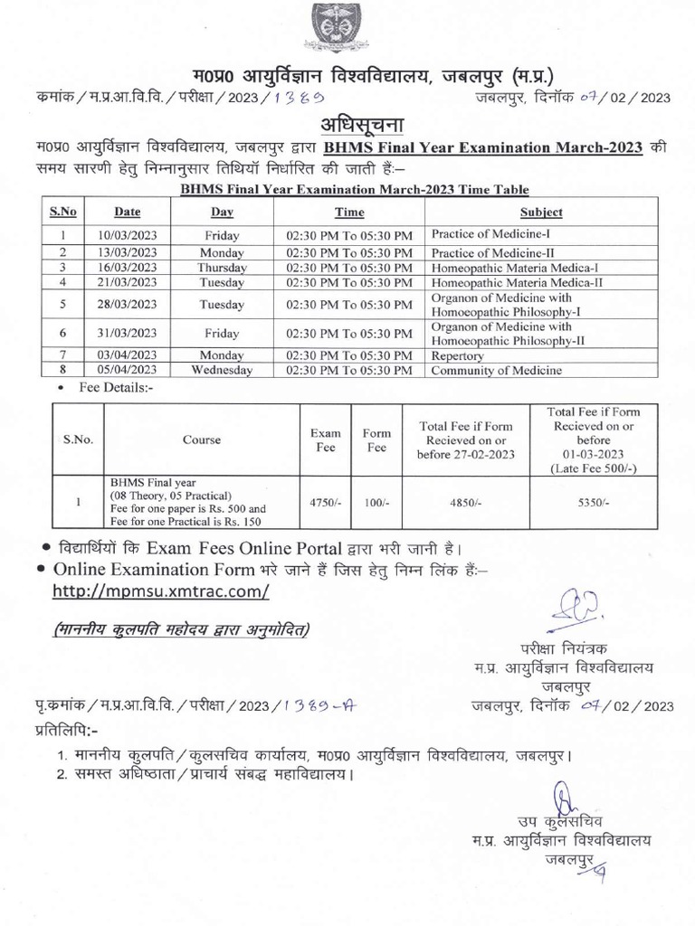 BHMS Final Y Time Table (Mar 2023) | PDF