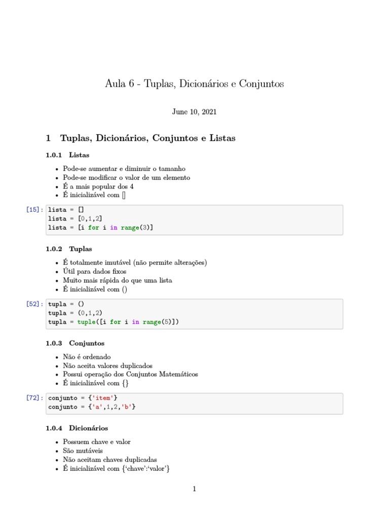 Aula 6 - Tuplas, Dicionários e Conjuntos | PDF | Conjunto (Matemática) | Lógica