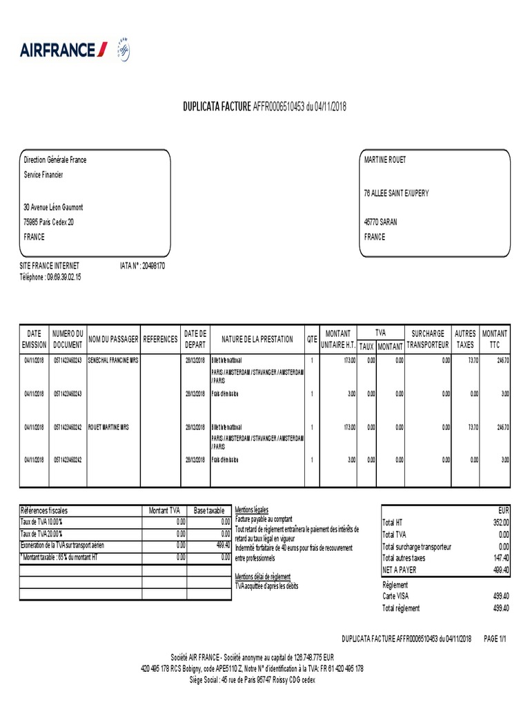 Facture Air France 04112018 | PDF | Taxe sur la valeur ajoutée | Facture