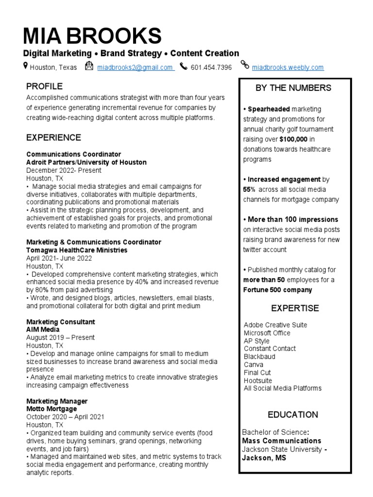 Mia Brooks Marketing Resume SM 2023 | PDF | Popular Culture & Media ...