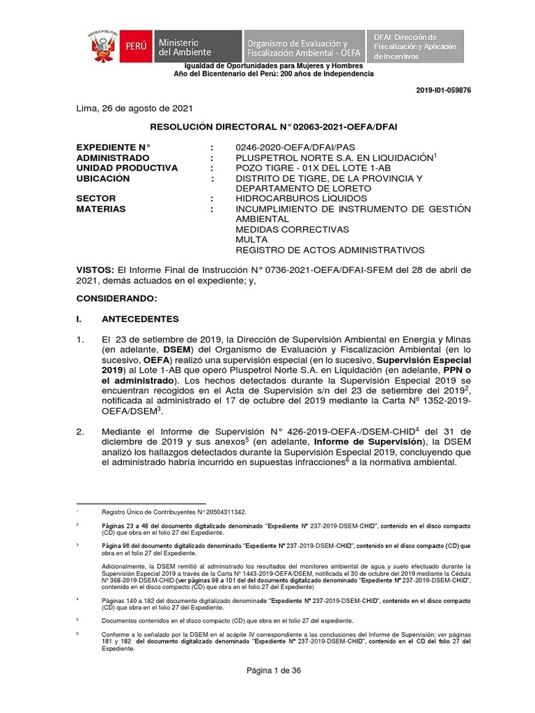 Resolución #2063-2021-OEFA-DFAI | PDF | Residuos | Evaluación de ...