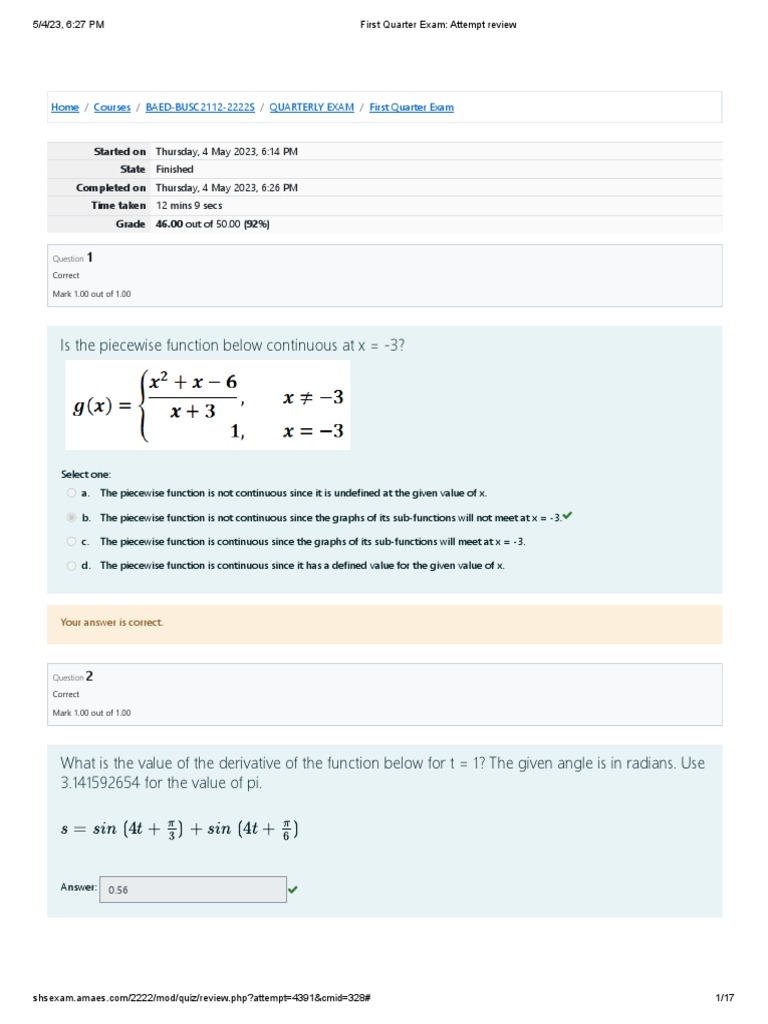 First Quarter Calculus Exam Review | PDF | Function (Mathematics ...