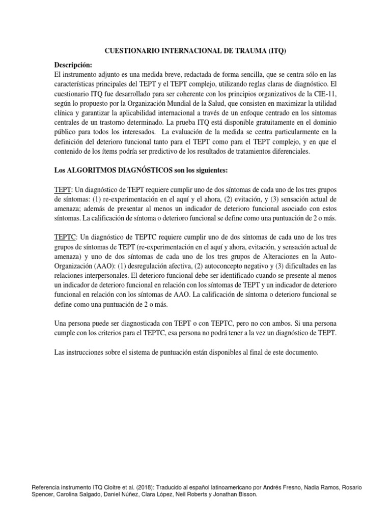 ITQ Cuestionario Internacional de Trauma | PDF | Diagnostico medico ...