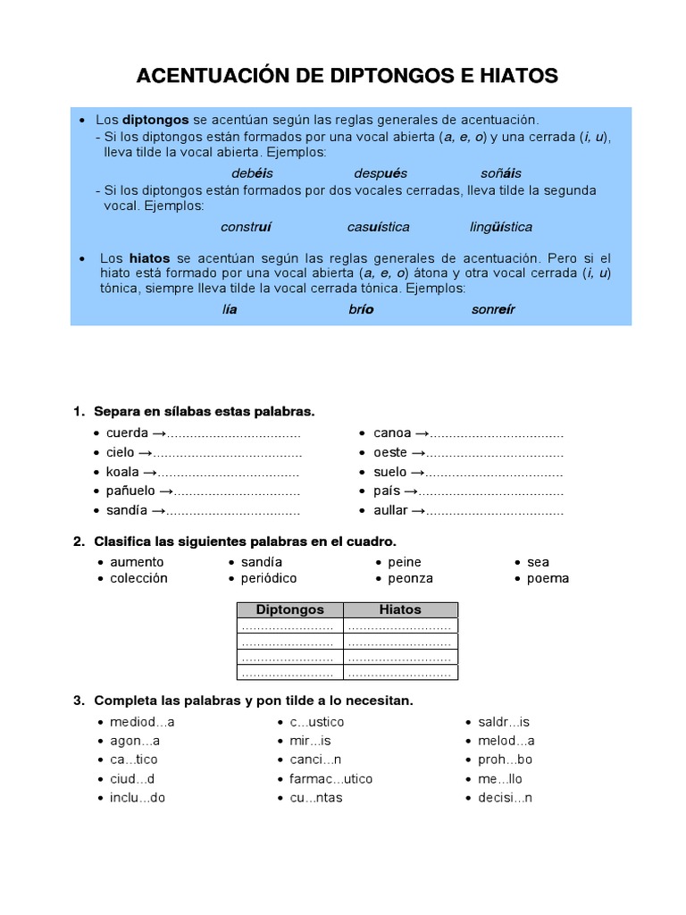 Acentuación de Diptongos e Hiatos | PDF | Fonética | Estrés (lingüística)