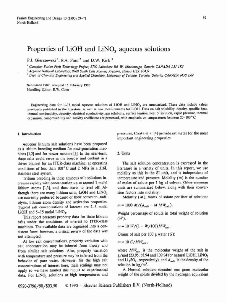 Properties of LiOH and LiNO3 Aqueous Solutions | PDF | Chemistry ...