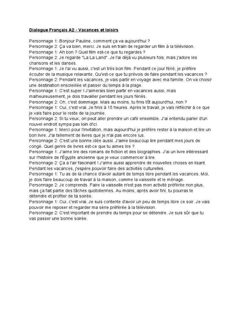 Dialogue A2 : Vacances et Loisirs | PDF