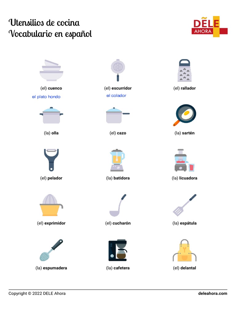 Utensilios de Cocina Vocabulario en Espanol Imprimible | PDF