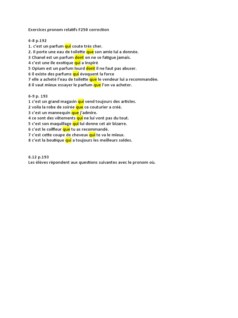Exercices sur les pronoms relatifs | PDF