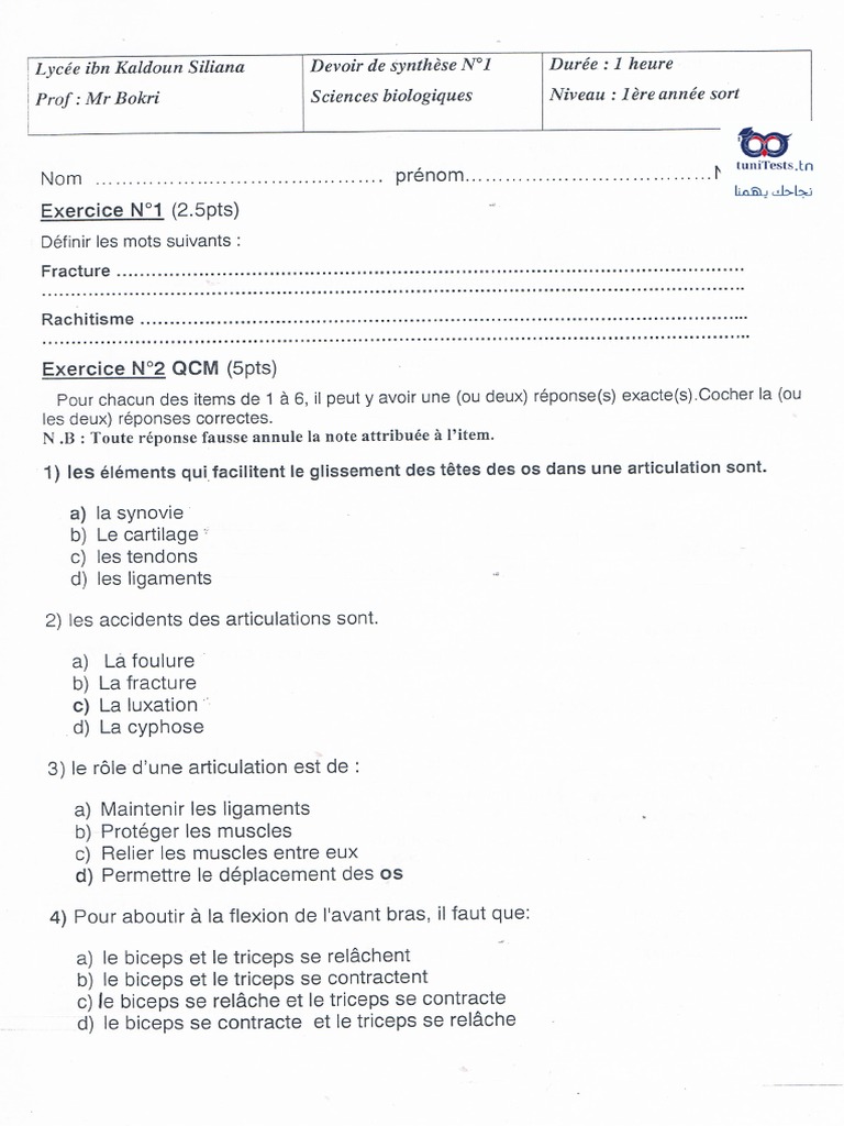 Devoir - de - Synthese - N1-1ere - Annee Secondaire-Sciences - SVT-1er Sport-M.bokri - Lycee Ibn ...