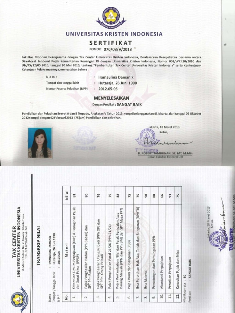 Sertifikat Brevet Pajak A&b Dan Transkip Nilai | PDF