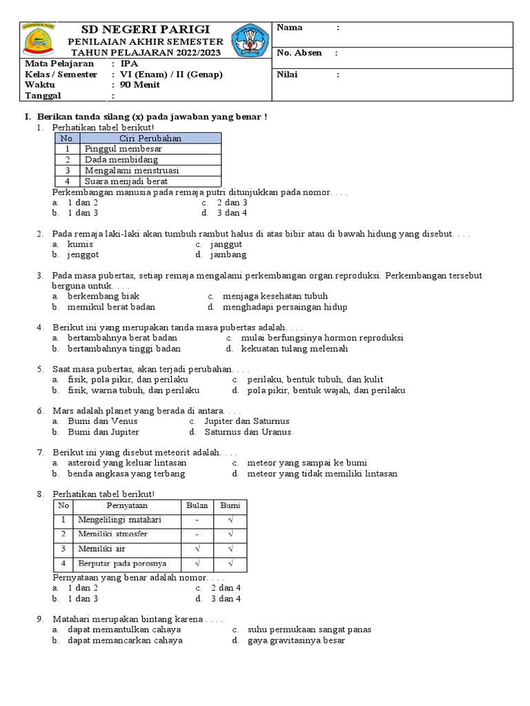 Soal - Pas - Kelas - 6 - S2 - Ipa | PDF | Kajian Bahasa Asing | Sains & Matematika