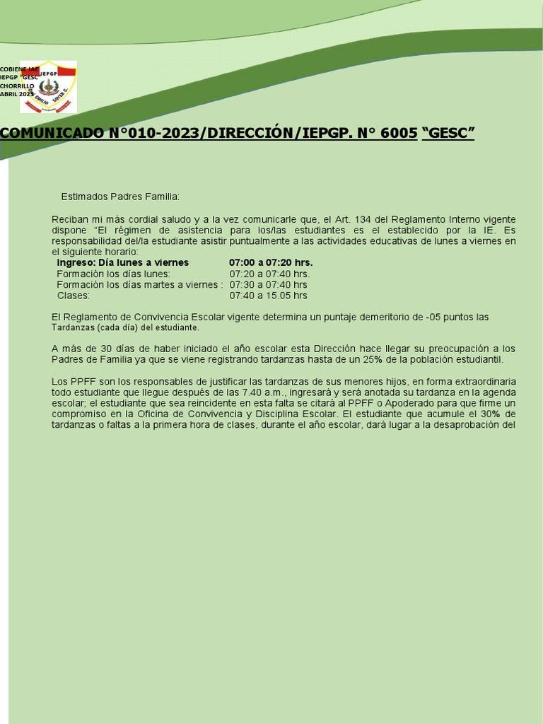 Reglamento de Tardanzas e Inasistencias | PDF