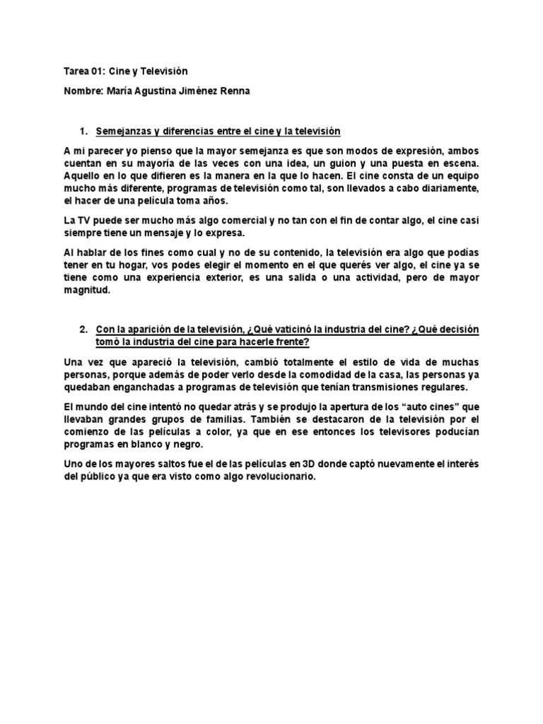 Tarea 01 Cine y Television - Agustina Jimenez | PDF