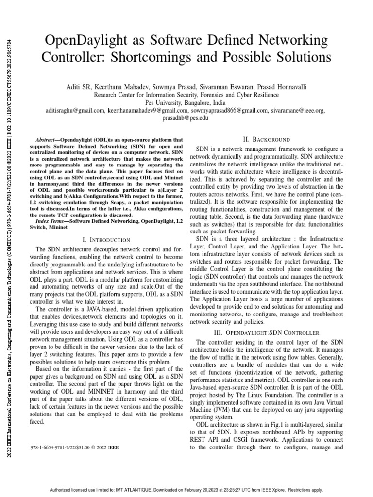 Opendaylight As Software Defined Networking Controller Shortcomings And Possible Solutions Pdf