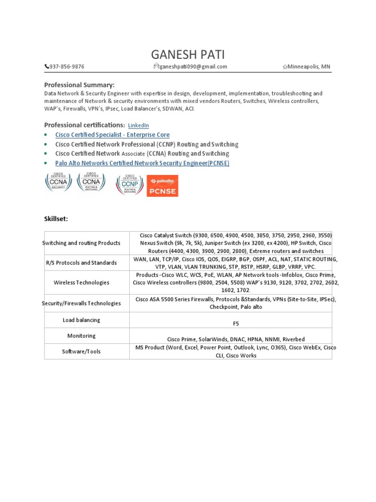 Ganesh Pati Resume - 2022 | PDF | Computer Network | Router (Computing)