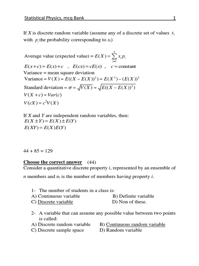 Statis Phys, MCQ | PDF | Probability Distribution | Expected Value