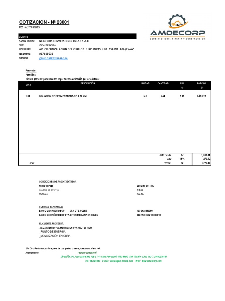Cotizacion SERVICIO Geomanbrana | PDF | Bancario | Sector privado