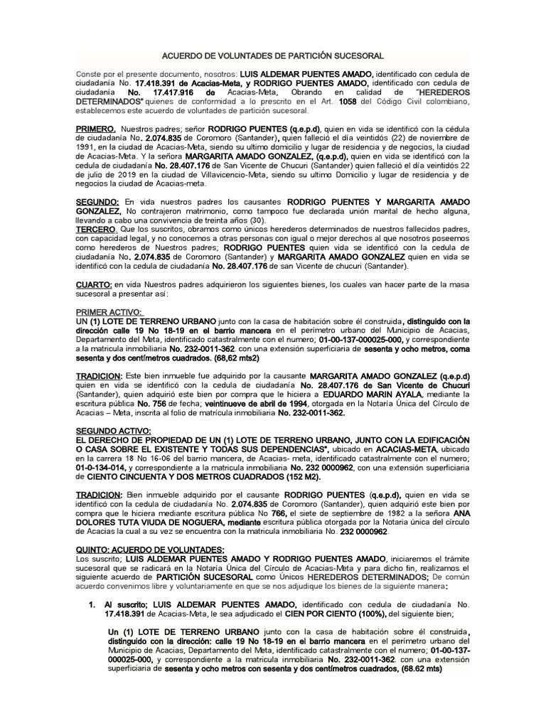 ACUERDO DE VOLUNTADES DE PARTICIÓN Y DIVISIÓN | PDF | Derecho Civil ...