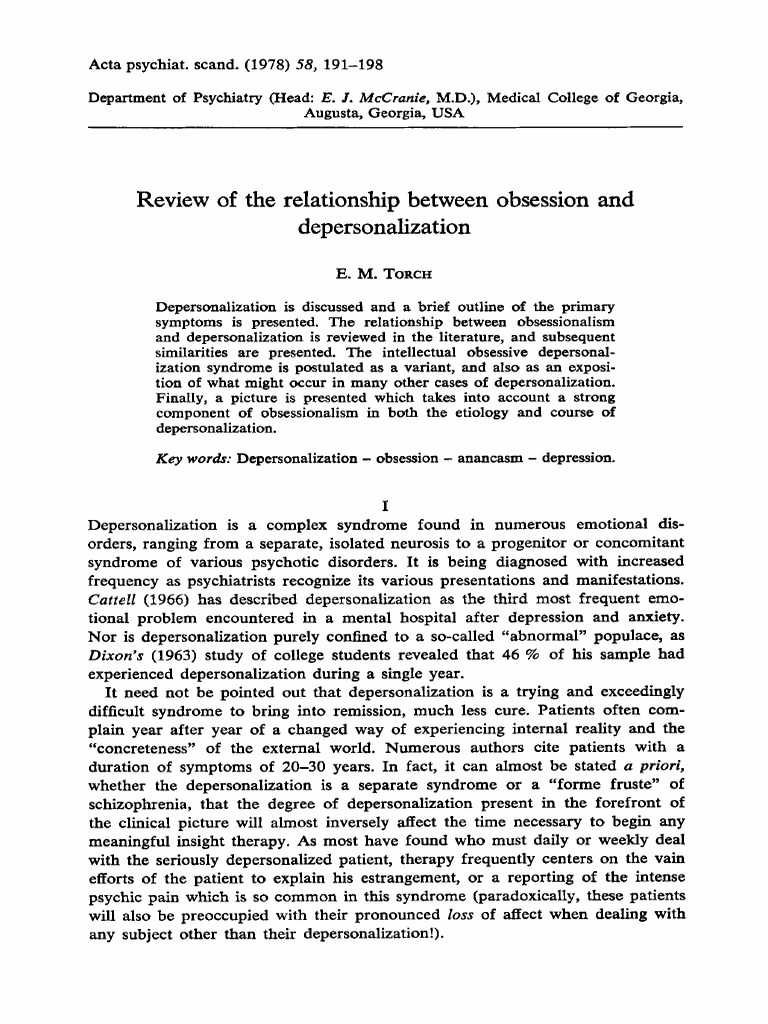 Obsession and Depersonalization Link | PDF | Obsessive–Compulsive ...