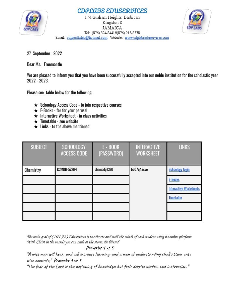 Akeelah Freemantle Enrollment Letter | PDF