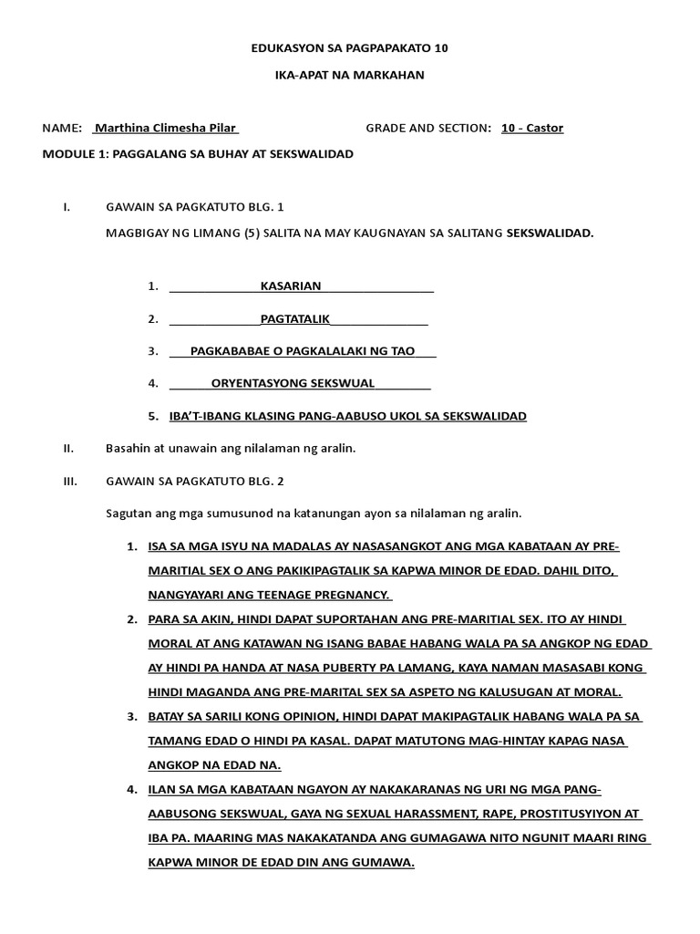 Answer Sheet Module 1 Esp g10 | PDF