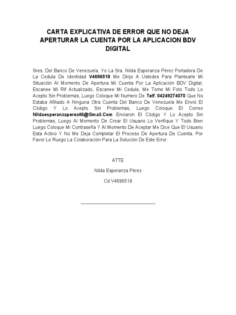 Carta Explicativa de Error Que No Deja Aperturar La Cuenta Por La ... Carta Explicativa de Error Que No Deja Aperturar La Cuenta Por La ...