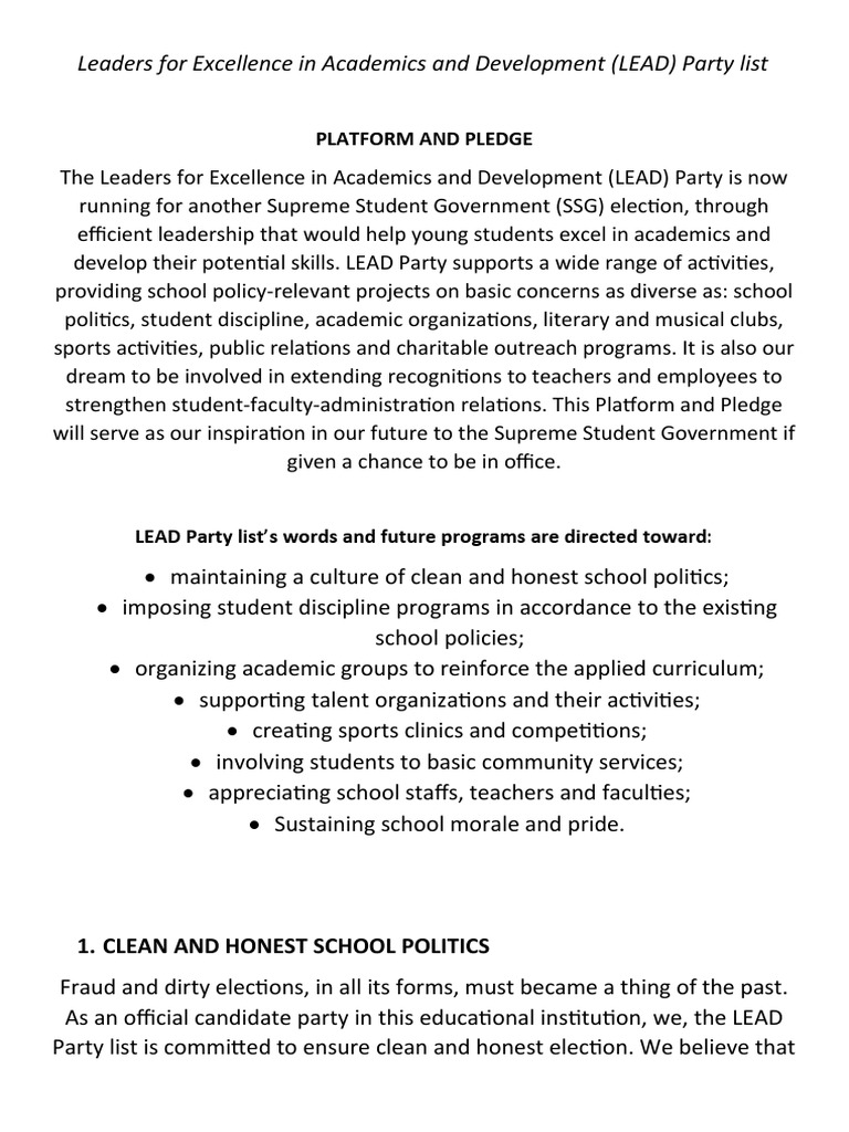 Leaders For Excellence in Academics and Development (LEAD) Party List ...