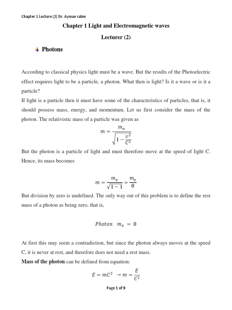 Photons: Chapter 1 Light and Electromagnetic Waves Lecturer | PDF | Waves | Photon