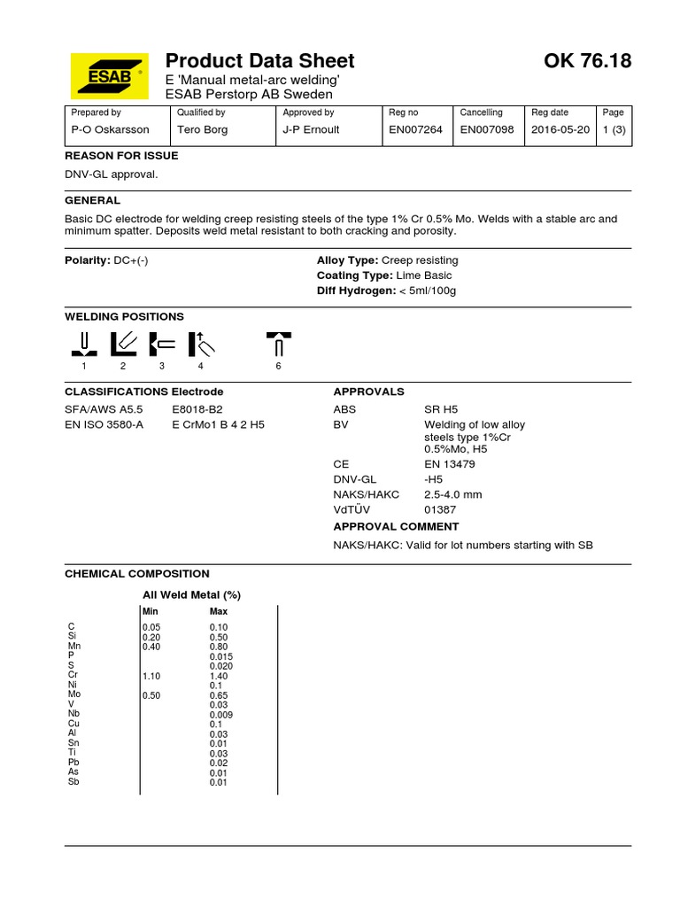Product Data Sheet OK 76.18: E 'Manual Metal-Arc Welding' ESAB Perstorp ...