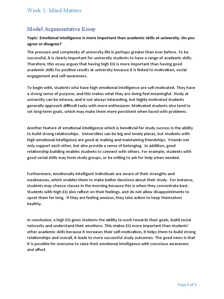 Model Argumentative Essay | PDF | Emotional Intelligence | Motivational