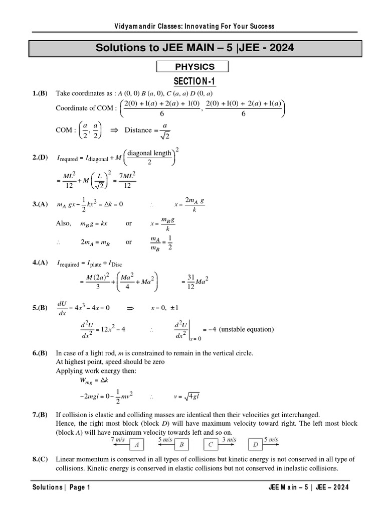 JEE Main-5_JEE 2024_Solution | PDF | Collision | Quantity